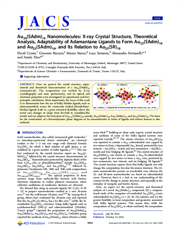 (PDF) Au₂₄(SAdm)₁₆ nanomolecules: X-ray crystal structure, theoretical ...