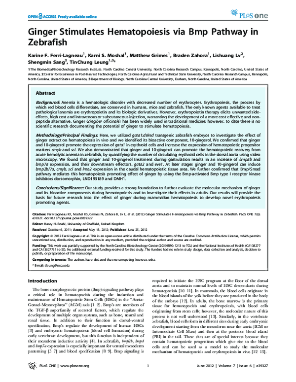 (PDF) Ginger Stimulates Hematopoiesis via Bmp Pathway in Zebrafish