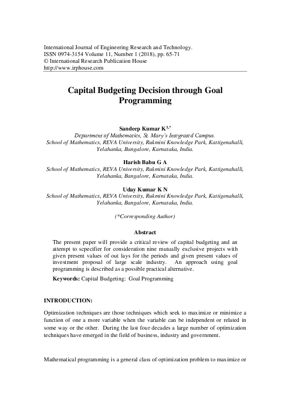 (PDF) Capital Budgeting Decision through Goal Programming