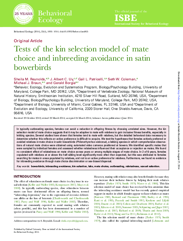 (PDF) Tests of the kin selection model of mate choice and inbreeding ...