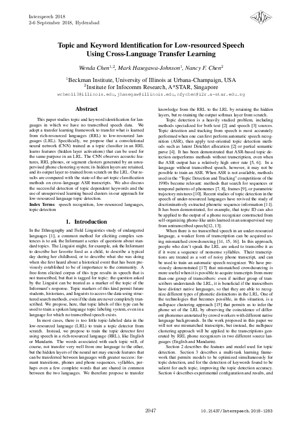 (PDF) Topic and Keyword Identification for Low-resourced Speech Using Cross-Language Transfer ...