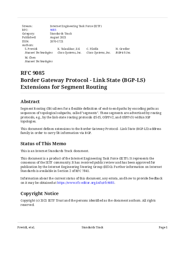 (PDF) Border Gateway Protocol - Link State (BGP-LS) Extensions for Segment Routing