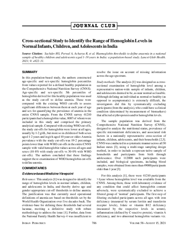 (PDF) Cross-sectional Study to Identify the Range of Hemoglobin Levels ...