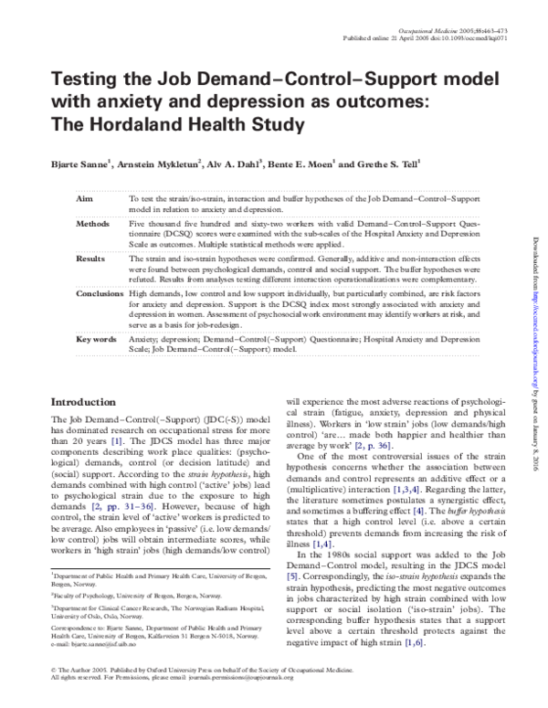 (PDF) Testing the job demand control support model with anxiety and ...