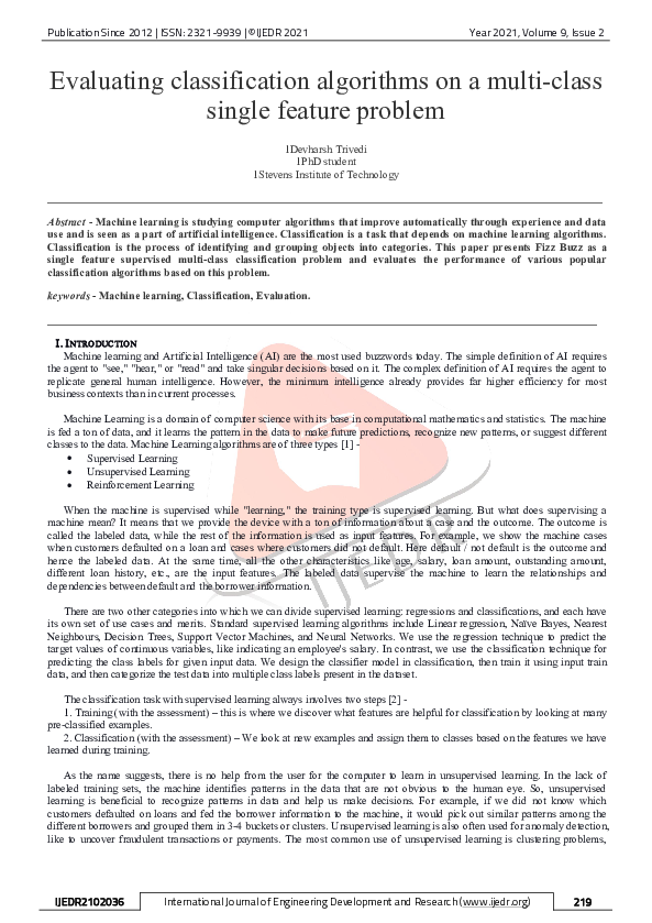 (PDF) Evaluating classification algorithms on a multi-class single feature problem