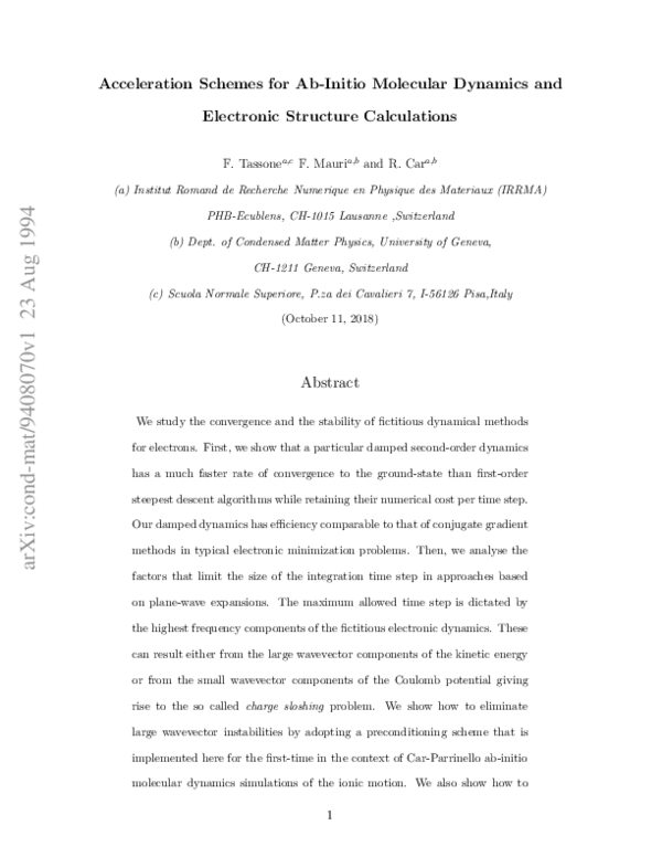 (PDF) Acceleration schemes for ab initio molecular-dynamics simulations and electronic-structure ...