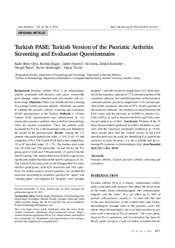 (PDF) Turkish PASE: Turkish Version of the Psoriatic Arthritis ...