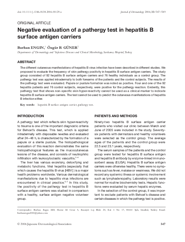 (PDF) Negative evaluation of a pathergy test in hepatitis B surface ...