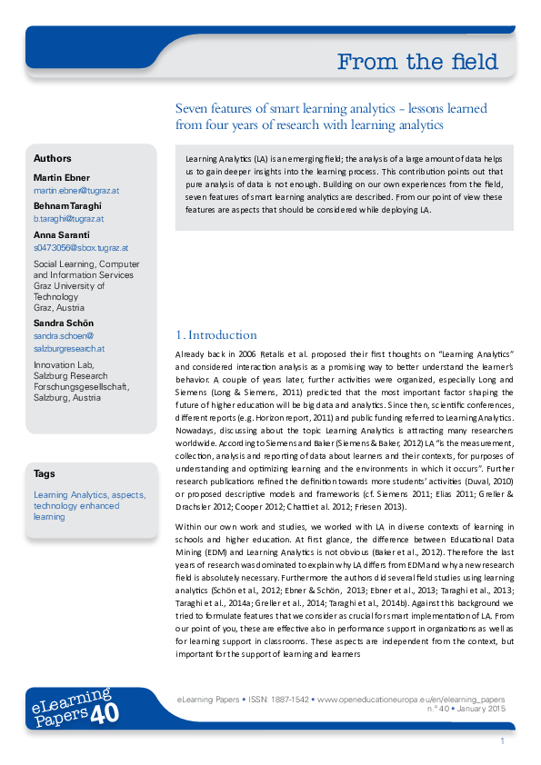 (PDF) Seven features of smart learning analytics - lessons learned from ...