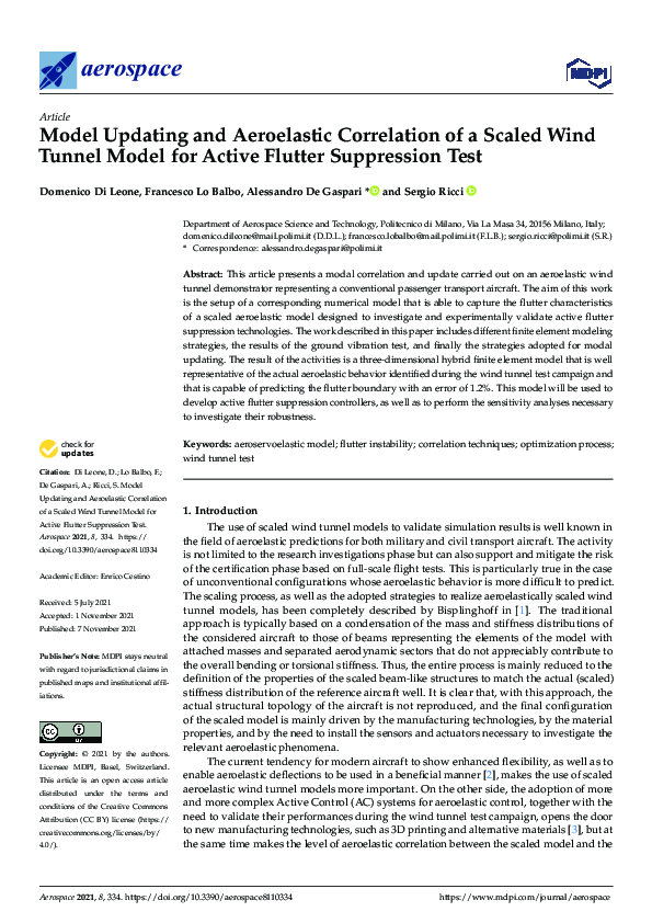 Pdf Model Updating And Aeroelastic Correlation Of A Scaled Wind Tunnel Model For Active