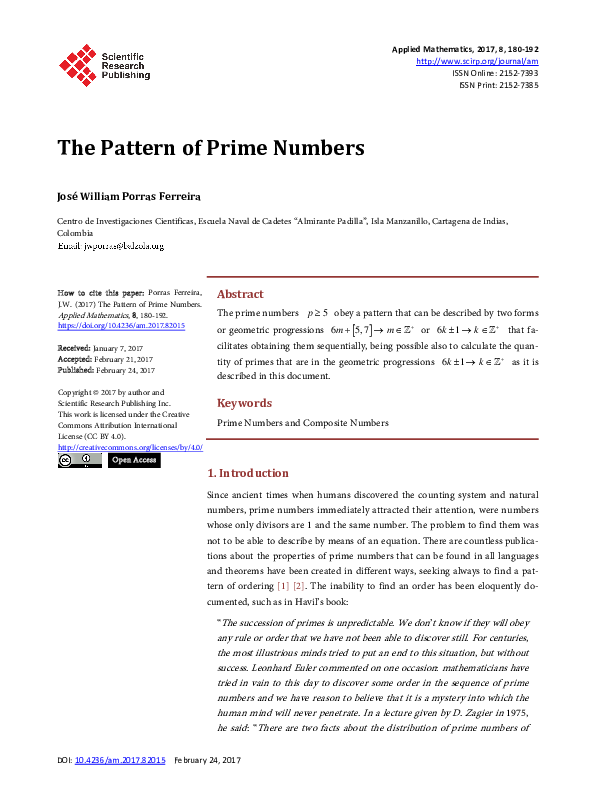 (PDF) The Pattern of Prime Numbers | José William Porras Ferreira ...
