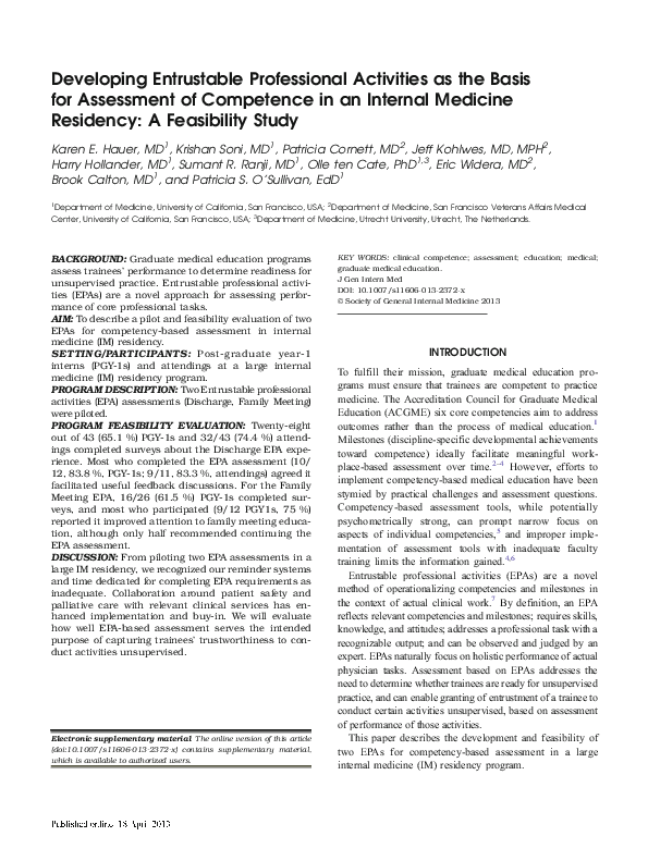 (PDF) Developing Entrustable Professional Activities as the Basis for ...