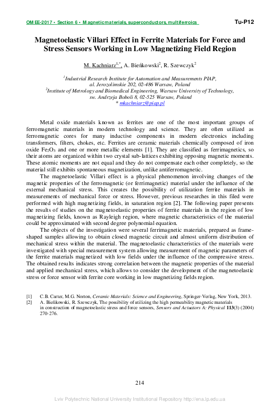 (PDF) Magnetoelastic Villari Effect in Ferrite Materials for Force and ...