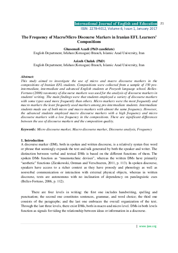 (PDF) The Frequency of Macro / Micro Discourse Markers in Iranian EFL Learners