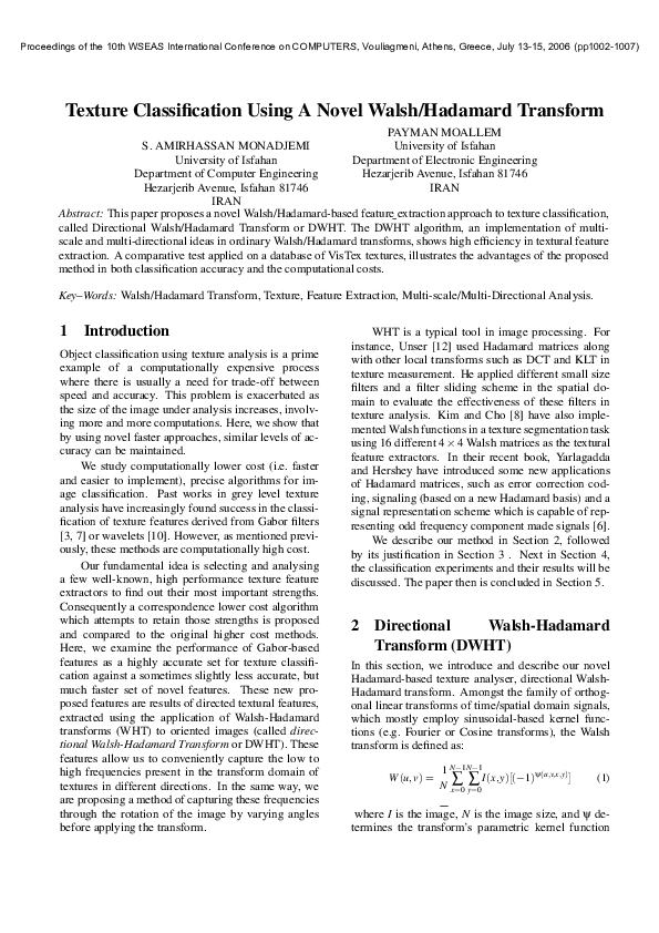 (PDF) Texture classification using a novel Walsh/Hadamard transform
