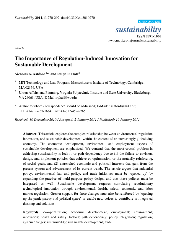 (PDF) The Importance of Regulation-Induced Innovation for Sustainable ...