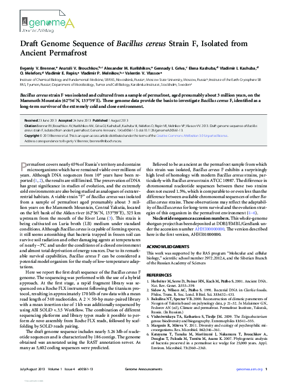 (PDF) Draft Genome Sequence of Bacillus cereus Strain F, Isolated from Ancient Permafrost