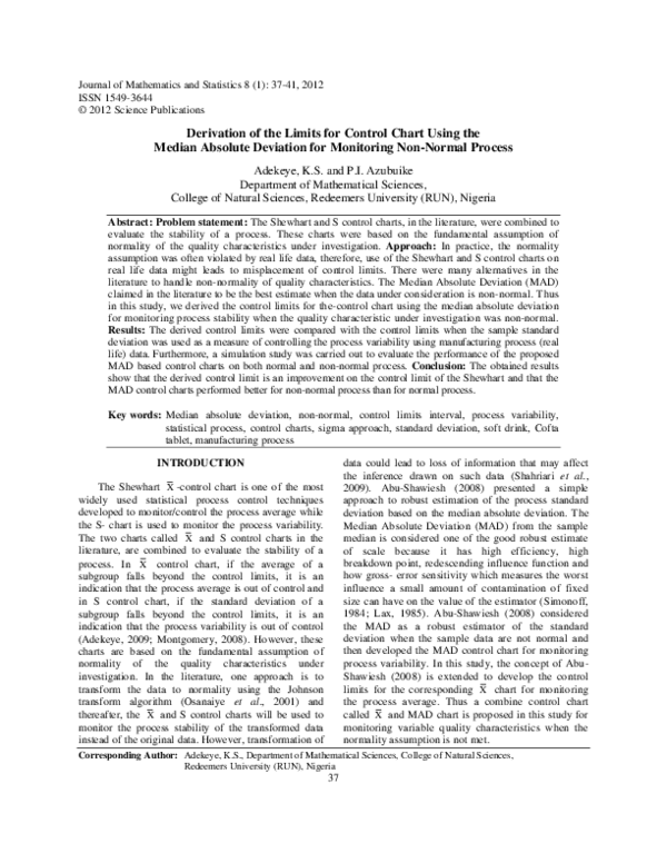 Pdf Derivation Of The Limits For Control Chart Using The Median Absolute Deviation For