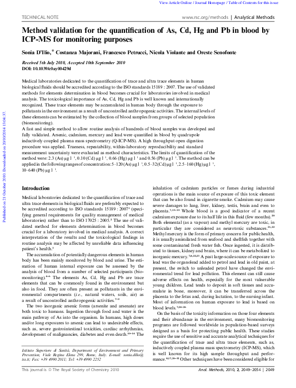 (PDF) Method validation for the quantification of As, Cd, Hg and Pb in blood by ICP-MS for ...