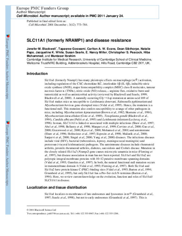(PDF) SLC11A1 (formerly NRAMP1) and disease resistance