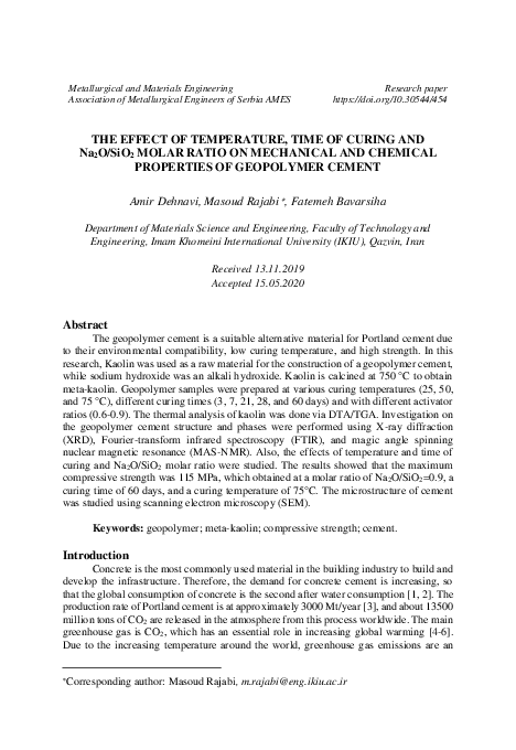 (PDF) The effect of temperature, time of curing and Na2O/SiO2 molar ratio on mechanical and ...