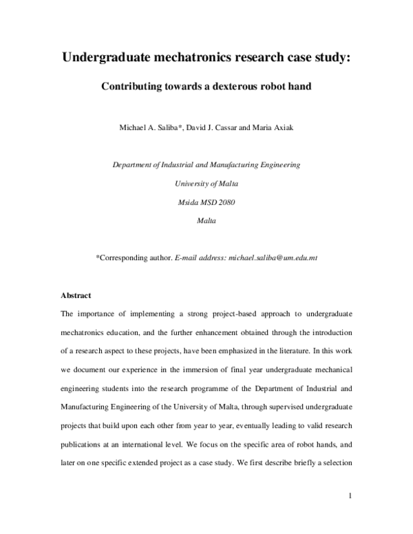 (PDF) Undergraduate mechatronics research case study: contributing ...