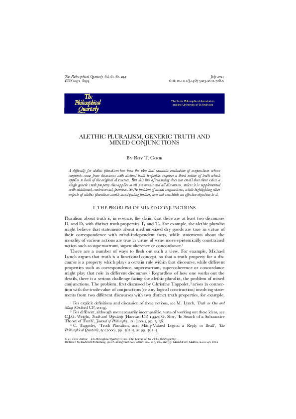 (PDF) Alethic pluralism, generic truth and mixed conjunctions