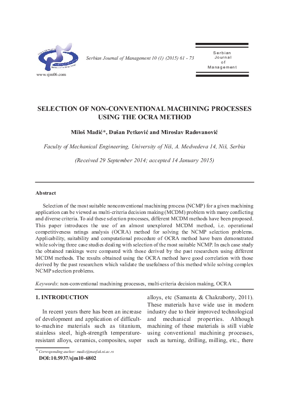 Pdf Selection Of Non Conventional Machining Processes Using The Ocra Method