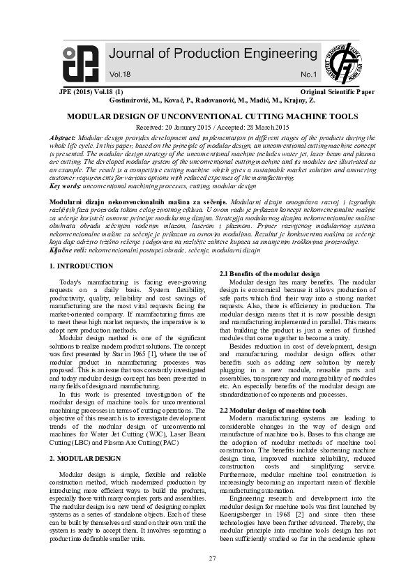 (PDF) Modular Design of Unconventional Cutting Machine Tools
