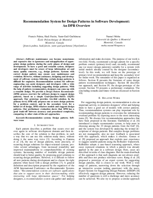 (PDF) Recommendation system for design patterns in software development: An DPR overview