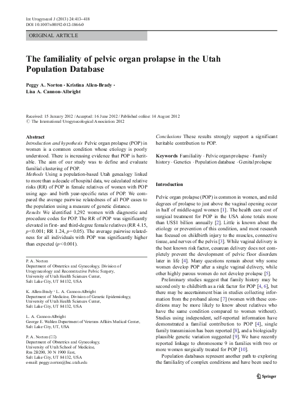 (PDF) The familiality of pelvic organ prolapse in the Utah Population ...