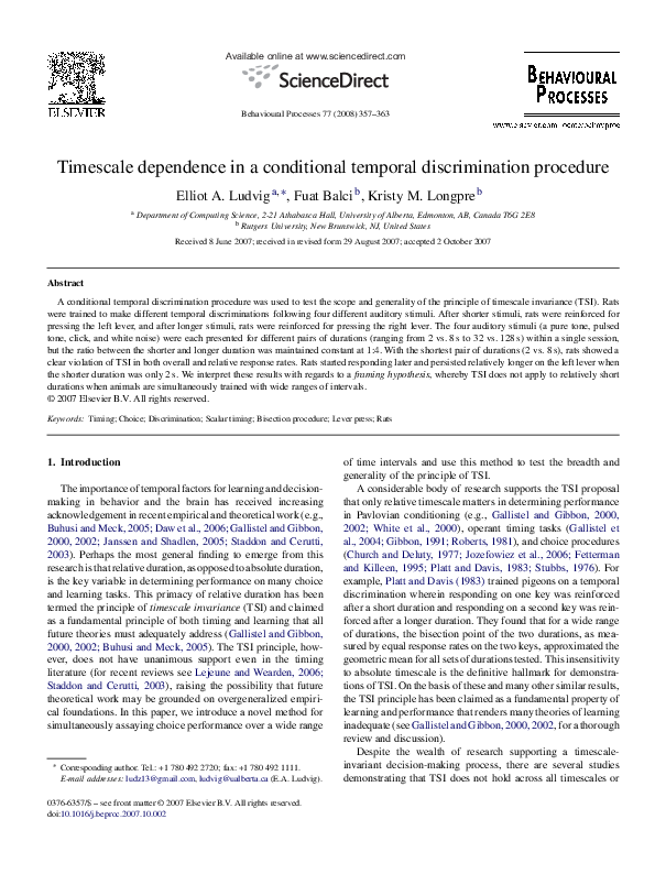 Pdf Timescale Dependence In A Conditional Temporal Discrimination