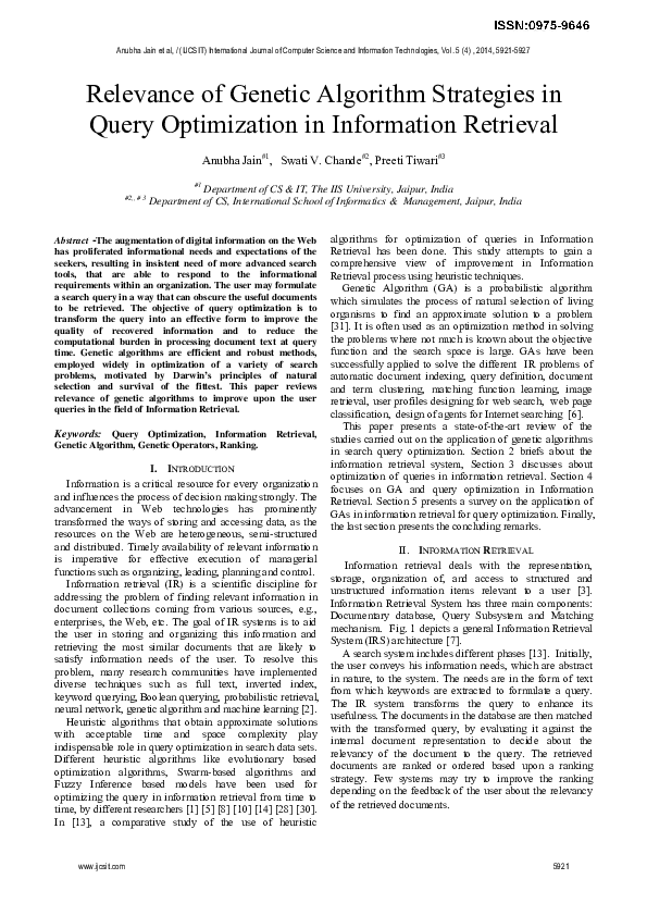 Pdf Relevance Of Genetic Algorithm Strategies In Query Optimization In Information Retrieval