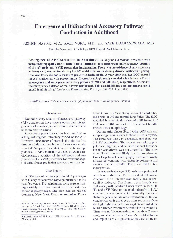 (PDF) Emergence of Bidirectional Accessory Pathway Conduction in Adulthood