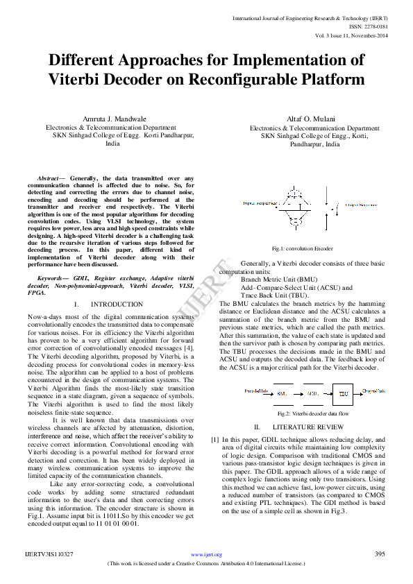 Pdf Different Approaches For Implementation Of Viterbi Decoder On Reconfigurable Platform