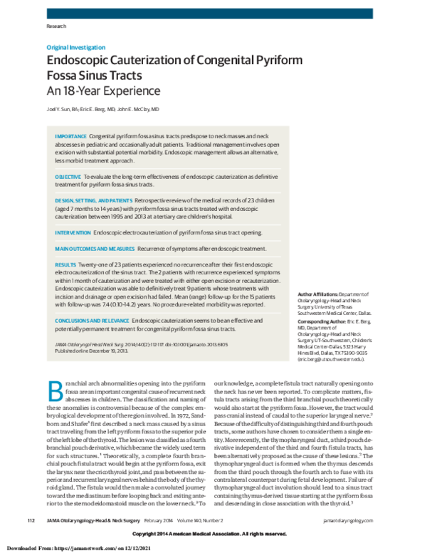 (PDF) Endoscopic Cauterization of Congenital Pyriform Fossa Sinus Tracts