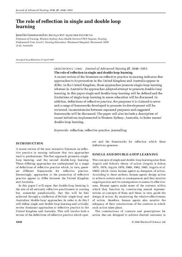 (PDF) The Role of Reflection In Single and Double Loop Learning
