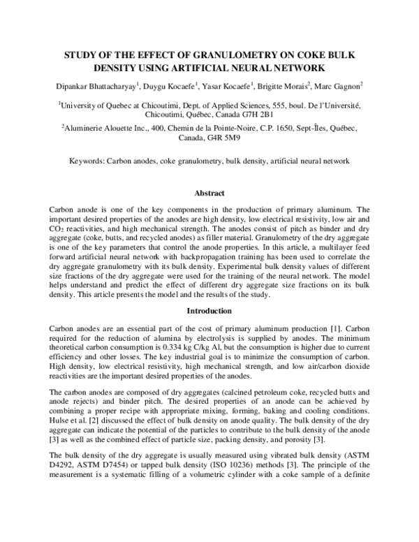 (PDF) Study of the Effect of Granulometry on Coke Bulk Density Using Artificial Neural Network