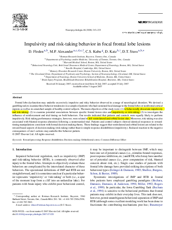 (PDF) Impulsivity and risk-taking behavior in focal frontal lobe lesions