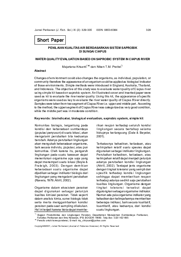 (PDF) Kualitas Air Berdasarkan Sistem Saprobik DI Sungai Ciapus Water ...