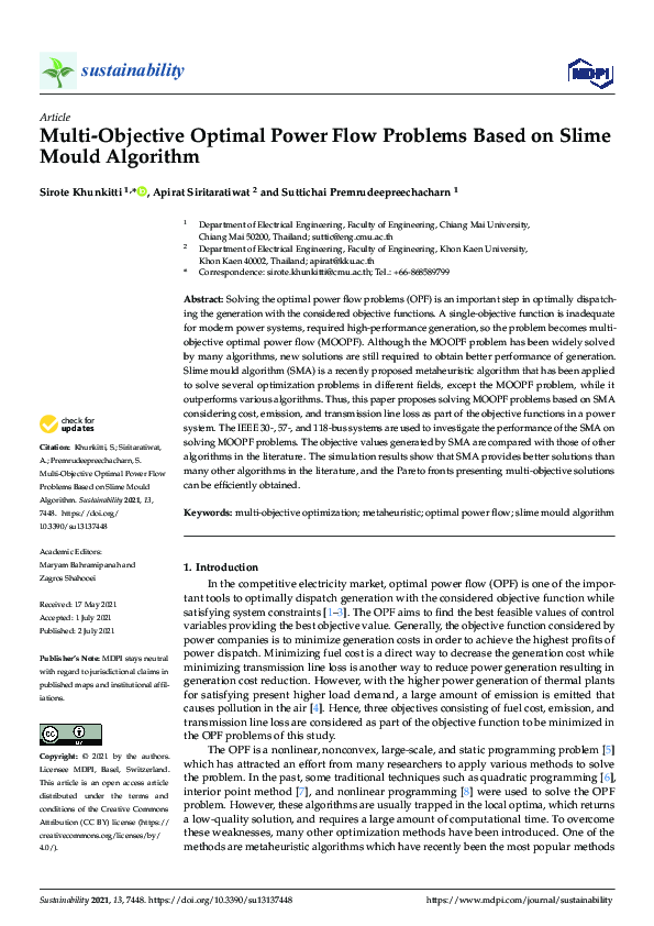 Pdf Multi Objective Optimal Power Flow Problems Based On Slime Mould Algorithm Sirote
