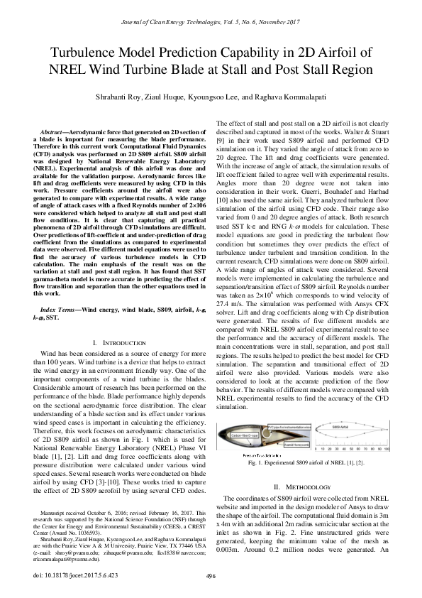 (PDF) Turbulence Model Prediction Capability in 2D Airfoil of NREL Wind Turbine Blade at Stall ...