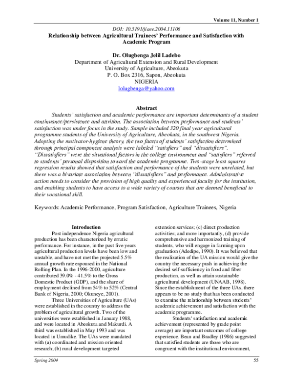 (PDF) Relationship between Agricultural Trainees’ Performance and ...