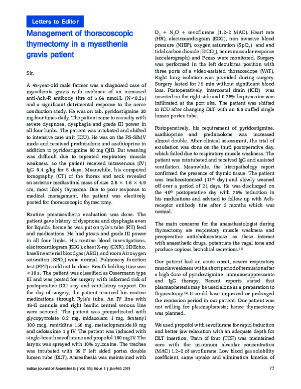 (PDF) Management of thoracoscopic thymectomy in a myasthenia gravis patient