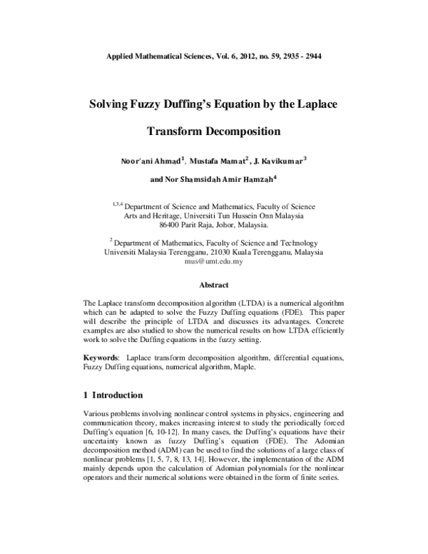 (PDF) Solving fuzzy Duffing’s equation by the Laplace transform decomposition