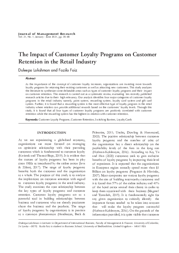 (PDF) The Impact of Customer Loyalty Programs on Customer Retention in ...
