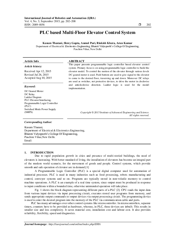 (PDF) PLC based Multi-Floor Elevator Control System