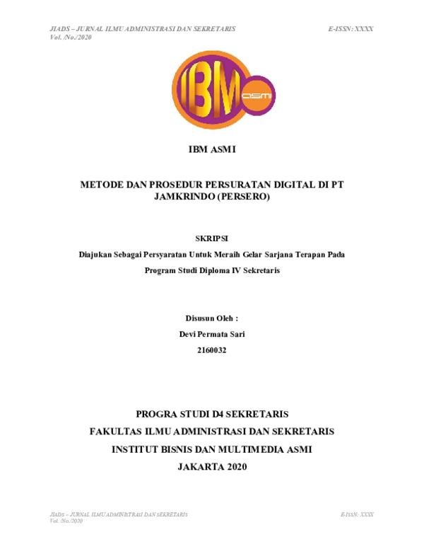 (DOC) IBM ASMI COVER METODE DAN PROSEDUR PERSURATAN DIGITAL DI PT JAMKRINDO (PERSERO | Hidayatul ...