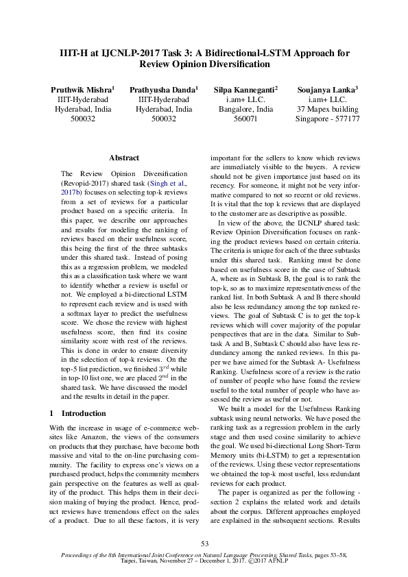 Pdf Iiit H At Ijcnlp 2017 Task 3 A Bidirectional Lstm Approach For Review Opinion Diversification