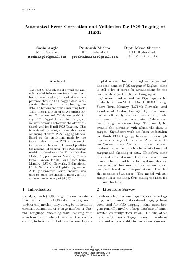 Pdf Automated Error Correction And Validation For Pos Tagging Of Hindi Pruthwik Mishra And